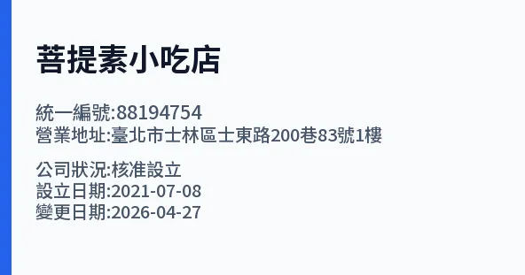 菩提素小吃店的照片-統編 88194754(臺北市) 公司登記資料與營業項目詳細圖表