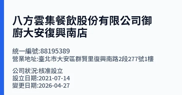 八方雲集餐飲股份有限公司御廚大安復興南店的照片-統編 88195389(臺北市) 公司登記資料與營業項目詳細圖表