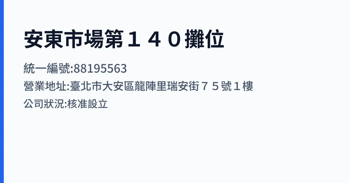 安東市場第140攤位 - 統編 88195563(臺北市) 公司登記資料與營業項目詳細圖表
