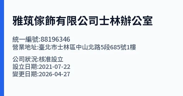 雅筑傢飾有限公司士林辦公室的照片-統編 88196346(臺北市) 公司登記資料與營業項目詳細圖表