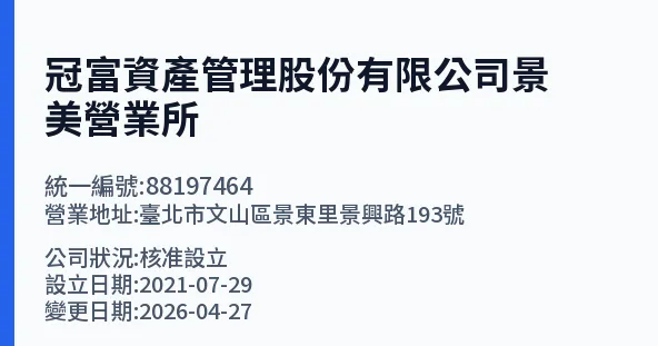 冠富資產管理股份有限公司景美營業所的照片-統編 88197464(臺北市) 公司登記資料與營業項目詳細圖表