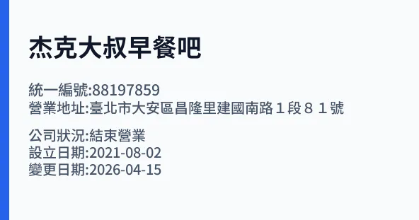 杰克大叔早餐吧的照片-統編 88197859(臺北市) 公司登記資料與營業項目詳細圖表