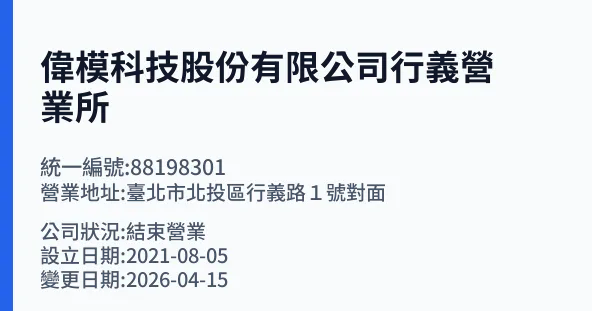 偉模科技股份有限公司行義營業所的照片-統編 88198301(臺北市) 公司登記資料與營業項目詳細圖表