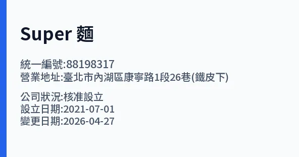 Super 麵的照片-統編 88198317(臺北市) 公司登記資料與營業項目詳細圖表