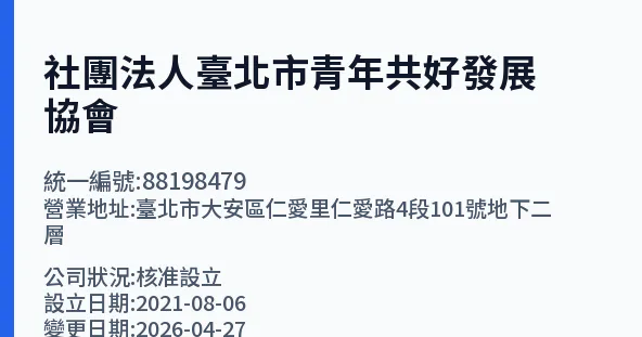 社團法人臺北市青年共好發展協會的照片-統編 88198479(臺北市) 公司登記資料與營業項目詳細圖表