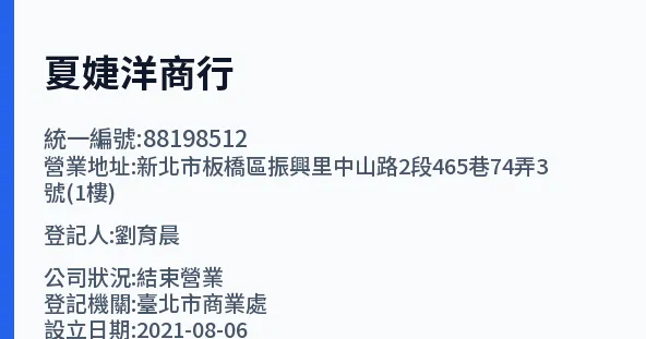 夏婕洋商行的照片-統編 88198512(新北市) 公司登記資料與營業項目詳細圖表