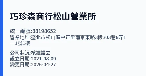 巧珍森商行松山營業所的照片-統編 88198652(臺北市) 公司登記資料與營業項目詳細圖表