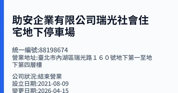 助安企業有限公司瑞光社會住宅地下停車場的照片-統編 88198674(臺北市) 公司登記資料與營業項目詳細圖表