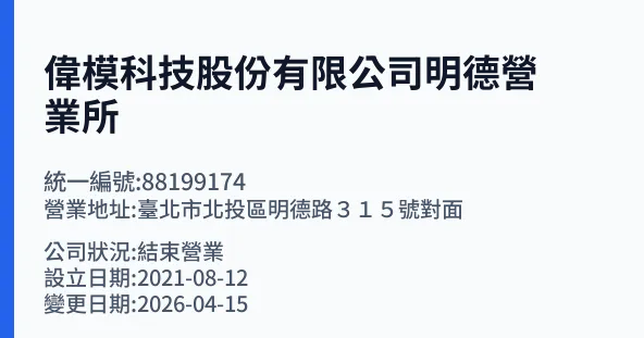 偉模科技股份有限公司明德營業所的照片-統編 88199174(臺北市) 公司登記資料與營業項目詳細圖表