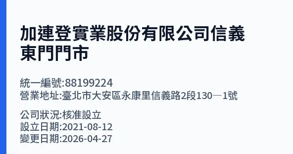 加連登實業股份有限公司信義東門門市的照片-統編 88199224(臺北市) 公司登記資料與營業項目詳細圖表
