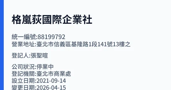格嵐荻國際企業社的照片-統編 88199792(臺北市) 公司登記資料與營業項目詳細圖表