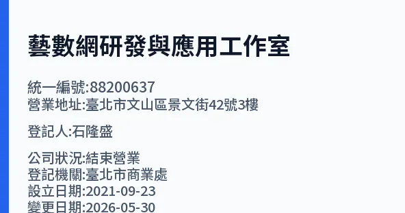 藝數網研發與應用工作室的照片-統編 88200637(臺北市) 公司登記資料與營業項目詳細圖表