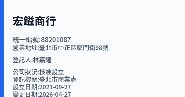 宏鎰商行的照片-統編 88201087(臺北市) 公司登記資料與營業項目詳細圖表