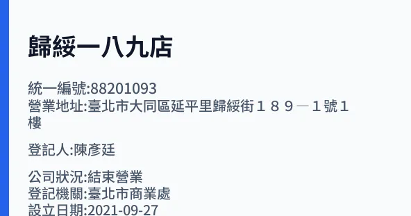 歸綏一八九店的照片-統編 88201093(臺北市) 公司登記資料與營業項目詳細圖表