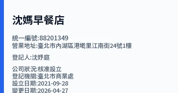 沈媽早餐店的照片-統編 88201349(臺北市) 公司登記資料與營業項目詳細圖表
