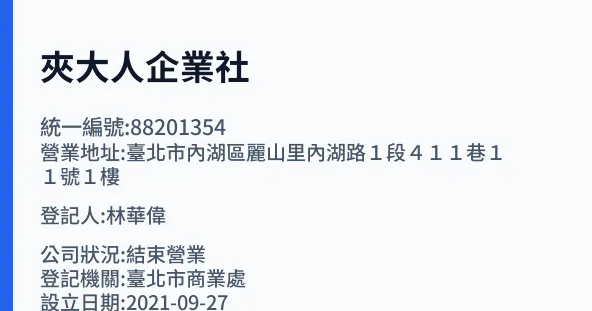 夾大人企業社的照片-統編 88201354(臺北市) 公司登記資料與營業項目詳細圖表