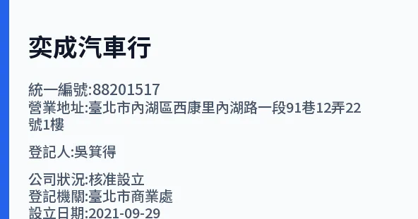 奕成汽車行的照片-統編 88201517(臺北市) 公司登記資料與營業項目詳細圖表