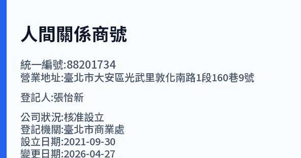 人間關係商號的照片-統編 88201734(臺北市) 公司登記資料與營業項目詳細圖表