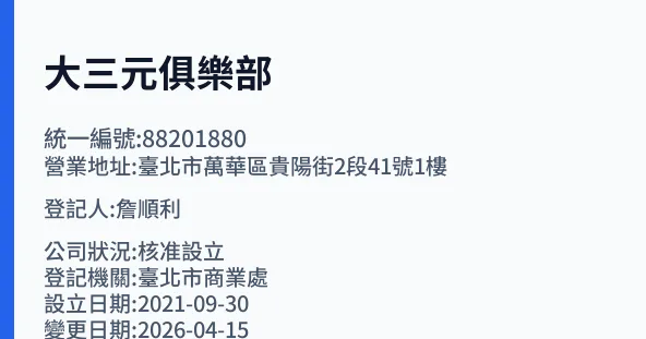 大三元俱樂部的照片-統編 88201880(臺北市) 公司登記資料與營業項目詳細圖表