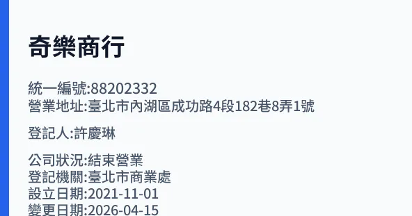 奇樂商行的照片-統編 88202332(臺北市) 公司登記資料與營業項目詳細圖表