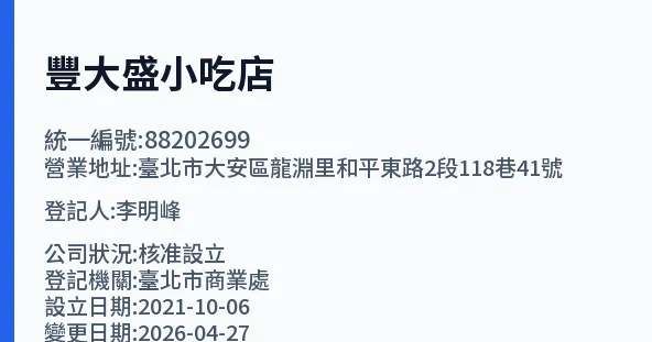 豐大盛小吃店的照片-統編 88202699(臺北市) 公司登記資料與營業項目詳細圖表