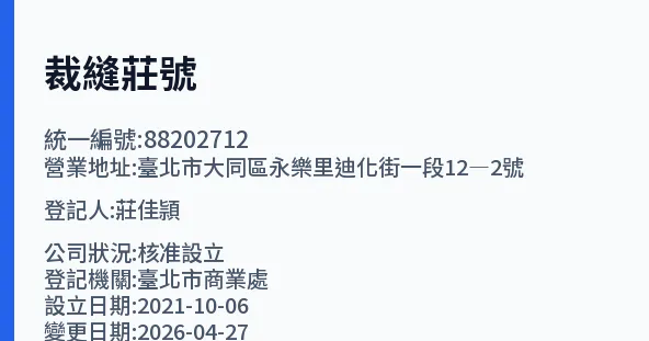 裁縫莊號的照片-統編 88202712(臺北市) 公司登記資料與營業項目詳細圖表