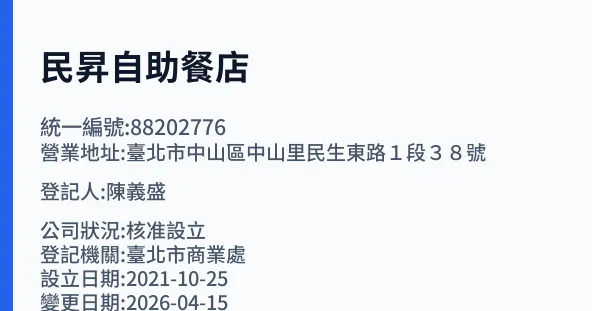 民昇自助餐店的照片-統編 88202776(臺北市) 公司登記資料與營業項目詳細圖表