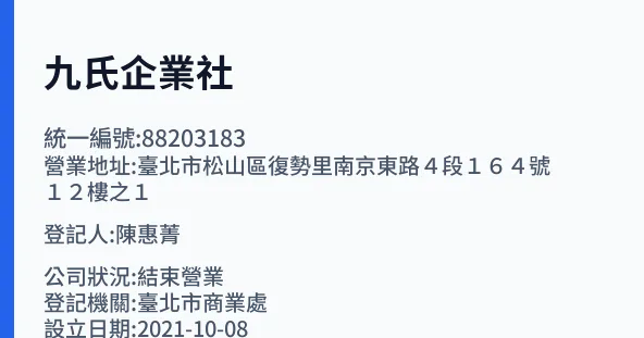 九氏企業社的照片-統編 88203183(臺北市) 公司登記資料與營業項目詳細圖表