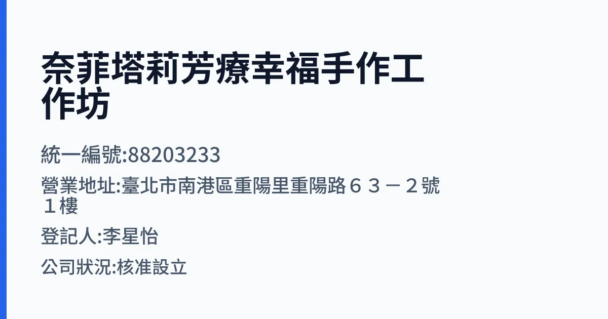 奈菲塔莉芳療幸福手作工作坊 - 統編 88203233(臺北市) 公司登記資料與營業項目詳細圖表