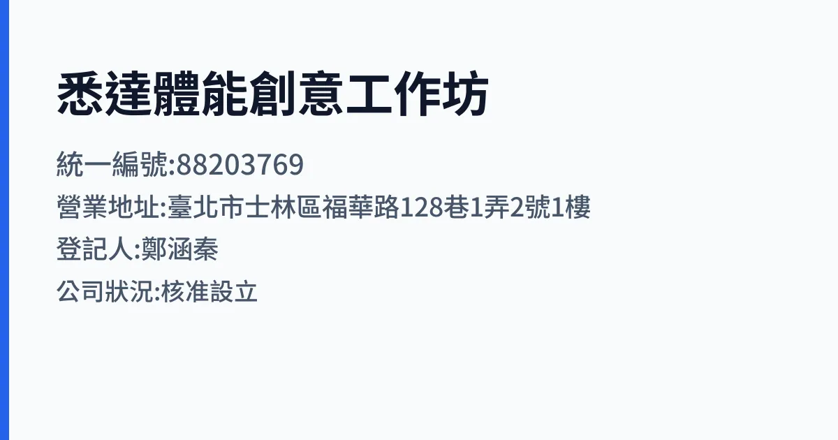 悉達體能創意工作坊 - 統編 88203769(臺北市) 公司登記資料與營業項目詳細圖表
