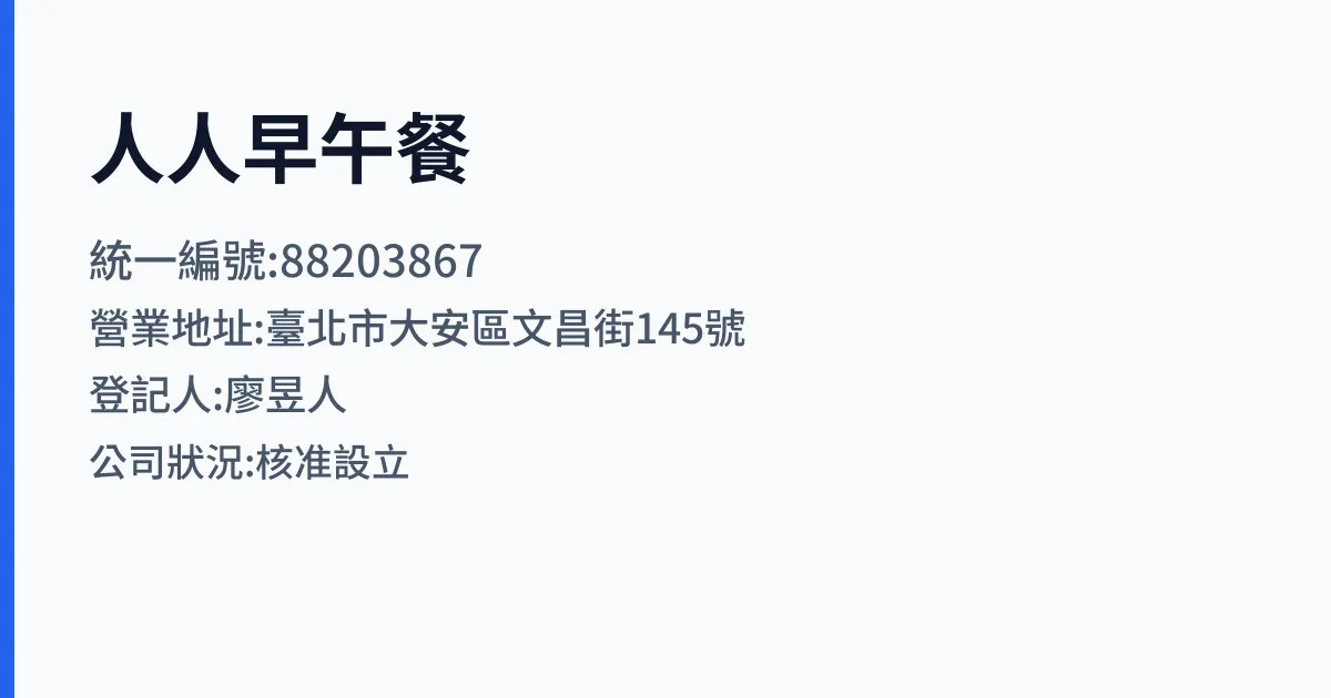 人人早午餐 - 統編 88203867(臺北市) 公司登記資料與營業項目詳細圖表