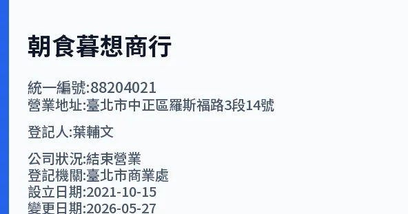 朝食暮想商行的照片-統編 88204021(臺北市) 公司登記資料與營業項目詳細圖表