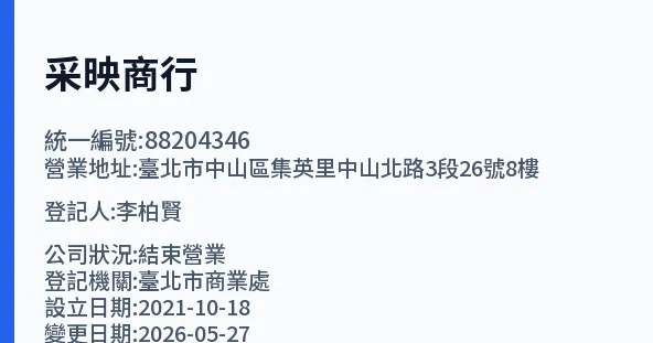 采映商行的照片-統編 88204346(臺北市) 公司登記資料與營業項目詳細圖表