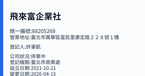飛來富企業社的照片-統編 88205268(臺北市) 公司登記資料與營業項目詳細圖表