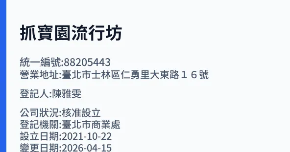 抓寶園流行坊的照片-統編 88205443(臺北市) 公司登記資料與營業項目詳細圖表