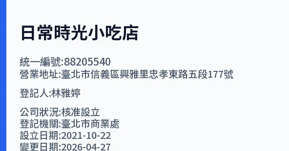 日常時光小吃店的照片-統編 88205540(臺北市) 公司登記資料與營業項目詳細圖表