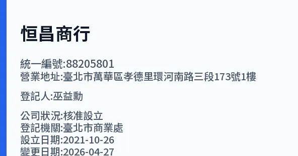 恒昌商行的照片-統編 88205801(臺北市) 公司登記資料與營業項目詳細圖表