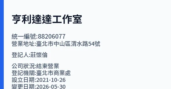 亨利達達工作室的照片-統編 88206077(臺北市) 公司登記資料與營業項目詳細圖表