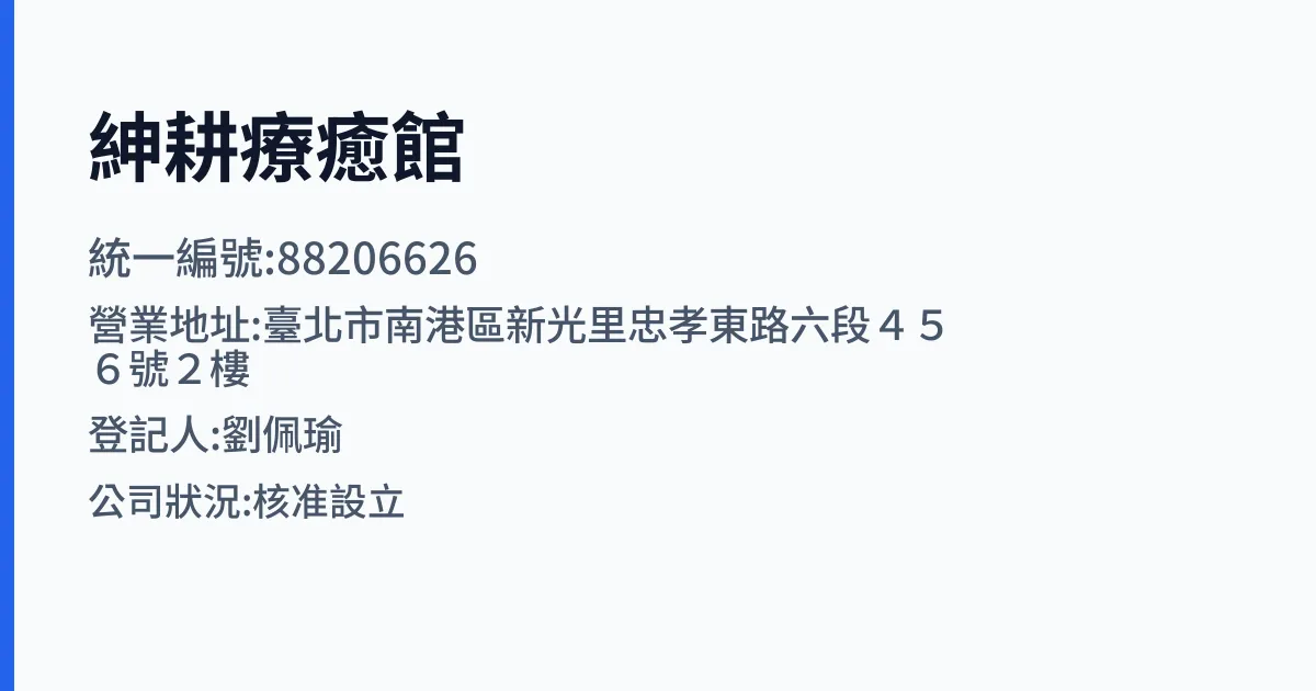 紳耕療癒館 - 統編 88206626(臺北市) 公司登記資料與營業項目詳細圖表