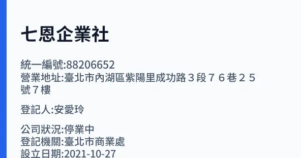七恩企業社的照片-統編 88206652(臺北市) 公司登記資料與營業項目詳細圖表