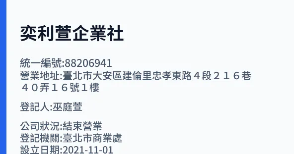 奕利萱企業社的照片-統編 88206941(臺北市) 公司登記資料與營業項目詳細圖表