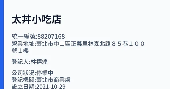 太丼小吃店的照片-統編 88207168(臺北市) 公司登記資料與營業項目詳細圖表