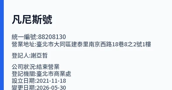 凡尼斯號的照片-統編 88208130(臺北市) 公司登記資料與營業項目詳細圖表