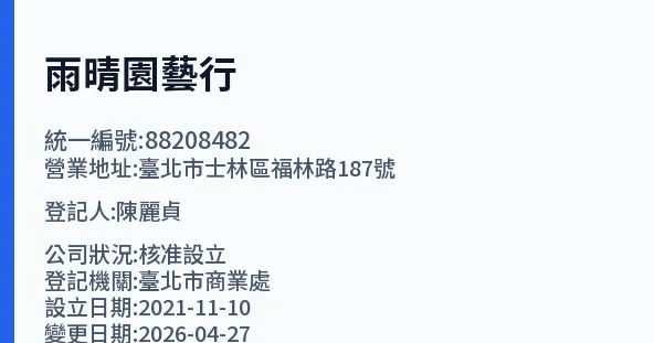 雨晴園藝行的照片-統編 88208482(臺北市) 公司登記資料與營業項目詳細圖表