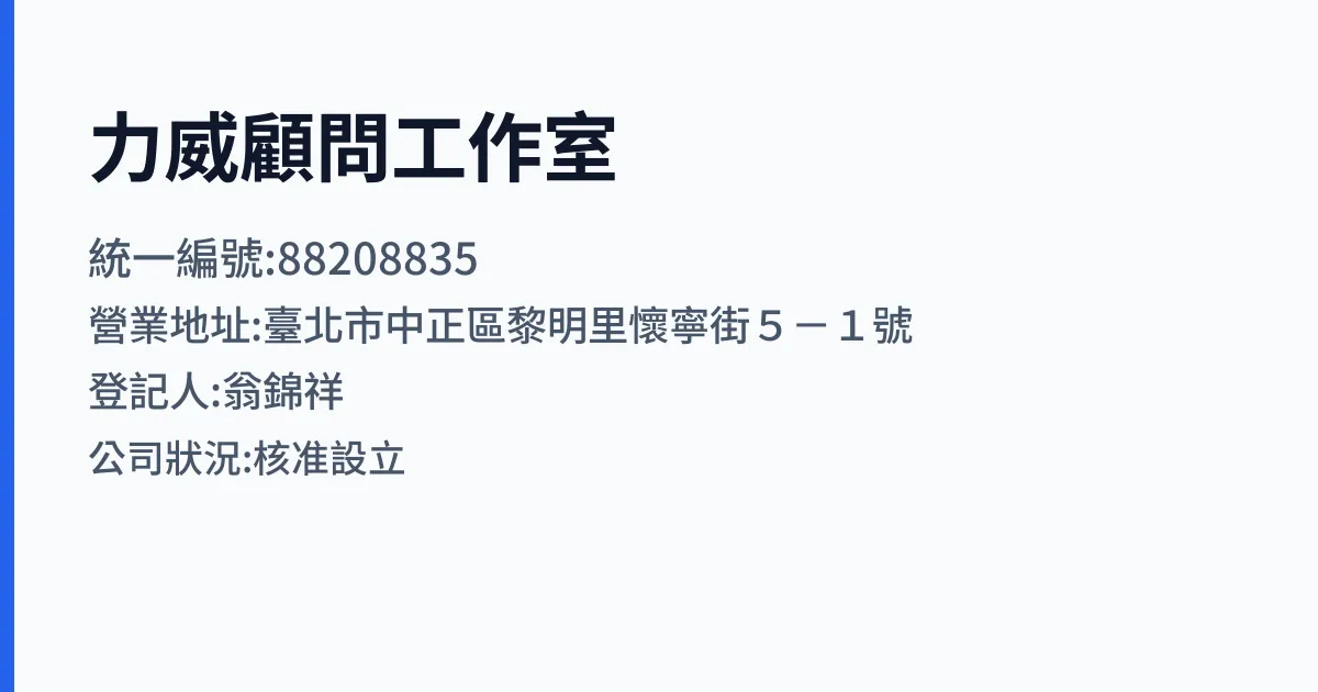 力威顧問工作室 - 統編 88208835(臺北市) 公司登記資料與營業項目詳細圖表