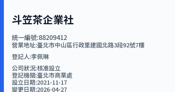 斗笠茶企業社的照片-統編 88209412(臺北市) 公司登記資料與營業項目詳細圖表