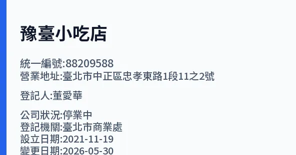 豫臺小吃店的照片-統編 88209588(臺北市) 公司登記資料與營業項目詳細圖表