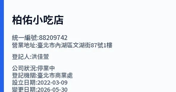 柏佑小吃店的照片-統編 88209742(臺北市) 公司登記資料與營業項目詳細圖表