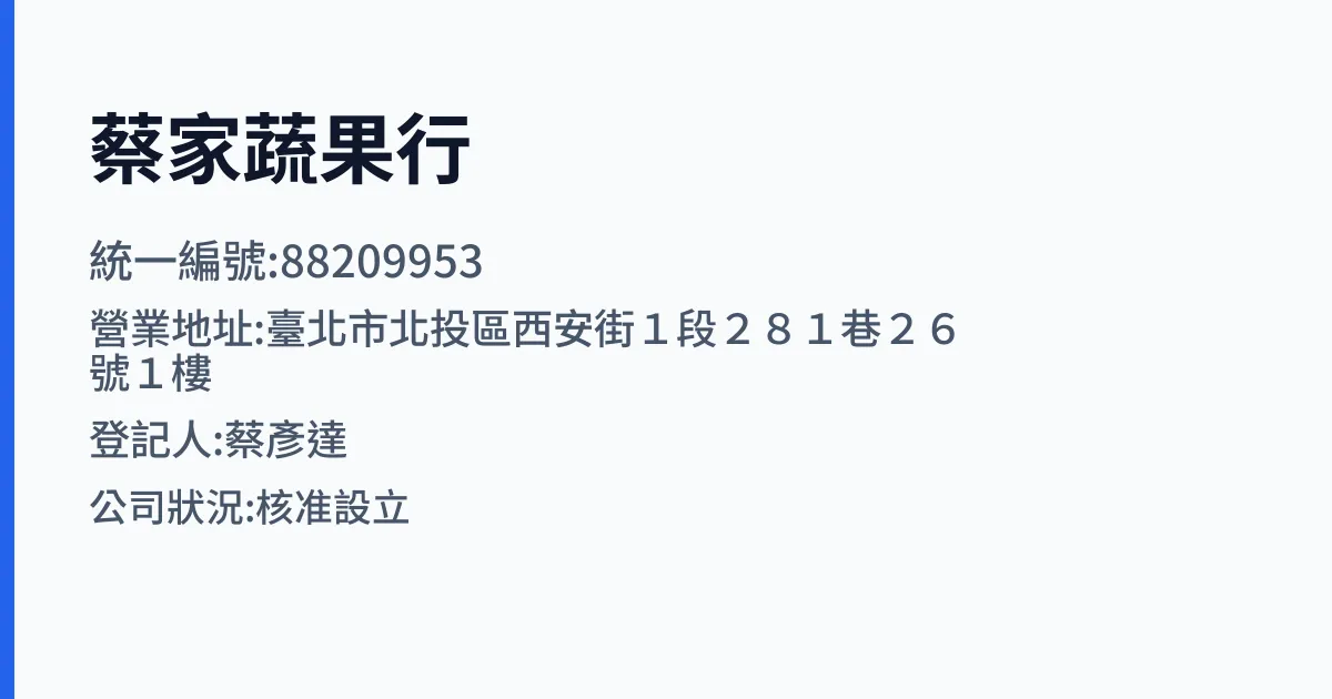 蔡家蔬果行 - 統編 88209953(臺北市) 公司登記資料與營業項目詳細圖表