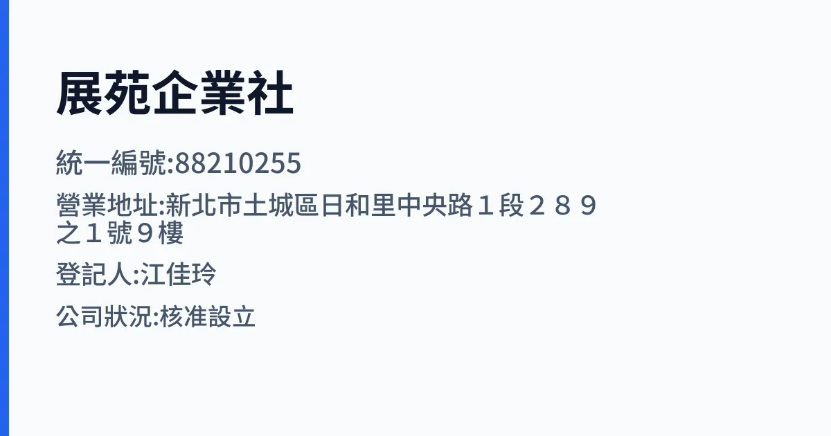 展苑企業社 - 統編 88210255(臺北市) 公司登記資料與營業項目詳細圖表